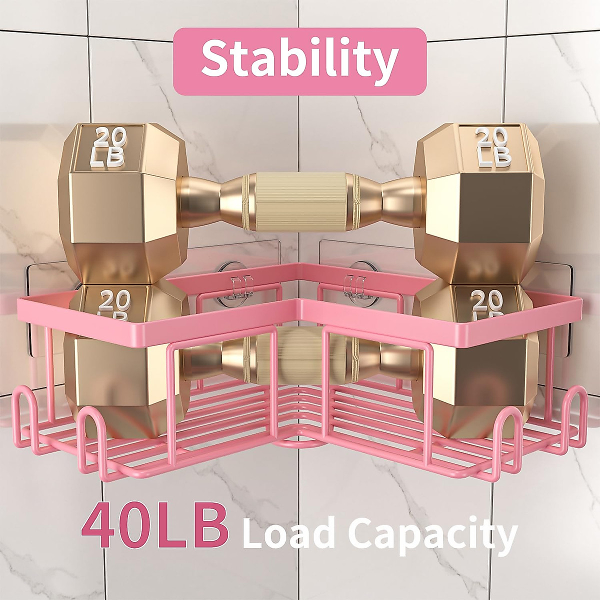 Youvip Shower Caddy Corner，3 pack Corner Adhesive Shower Caddy，Stainless Steel Bathroom Shower Organizer with Hooks & Soap Holder，Shower Shelves No Drilling for Bathrrom，Pink