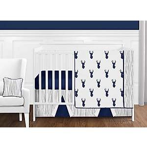 Navy Blue White and Gray Woodland Deer Print Boy Baby Bedding 11 Piece Crib Set
