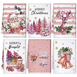 Preboun 6 Pcs Christmas Kitchen Towels Santa Reindeer Stripe Dish Towels Christmas Hand Towels Pink Farmhouse Tea Towels for Xmas Kitchen Bathroom Decor