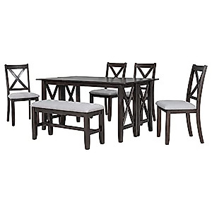 WOZNLA 6-Piece Rustic Dining Table Set - Foldable Table, 4 Padded Chairs, and 1 Bench - Ideal for Kitchen and Family Gatherings, Home Furniture Set, Espresso
