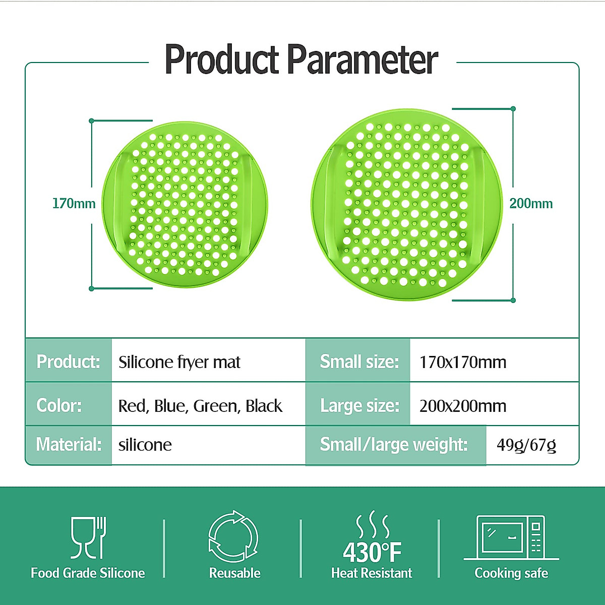 Coolnice air fryer mat - 2 PCS（Small & Large Size）Air fryer silicone liners for counter heat resistant reusable non sticky heat proof pad for kitchen baking accessory cooking utensils (BLACK)