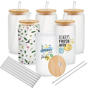 WUWEOT 6 Pack Sublimation Glass Cans, 18 Oz Frosted Sublimation Blanks, Reusable Wide Mouth Mason Jar Tumbler Cups, Beer Can Shaped Glass with Straw and Brush for Iced Coffee, Juice, Soda