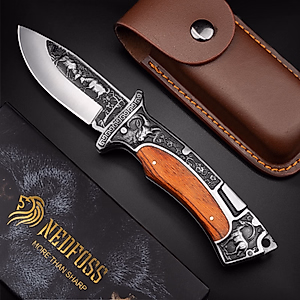 NedFoss Gifts for Men Pocket Folding Knife, 8.6" Engraved Unique Blade, Wood Handles Pocket Knife with Back Lock, Hunting Camping Pocket Knife for Men,Perfect Gifts Idea for Survival, Fishing, Hiking