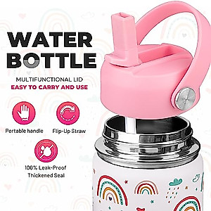 Charcy 12 oz Insulated Water Bottle for Kids, Portable Sports Water Cup Flask with Handle, Travel Thermos Mug, Pink adjustable lid - White Rainbow