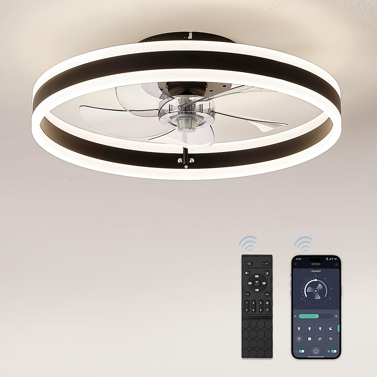 LEDIARY Low Profile Ceiling Fans with Lights, Flush Mount Modern Ceiling Fan and Remote Control, 19.7" LED Ceiling Fans, Stepless Dimmable 3 Colors and 6 Speeds - Black
