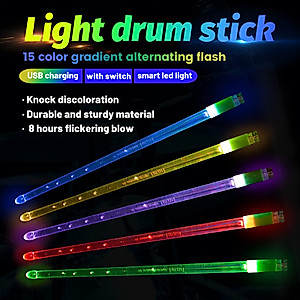 Hami LED Light up Drum sticks, 15 Color Changing Drumsticks, Support USB Charging with Opening Key, PC Polymer Material, Durable Professional Musical Practice for Kids Adults (2pcs / Pack)