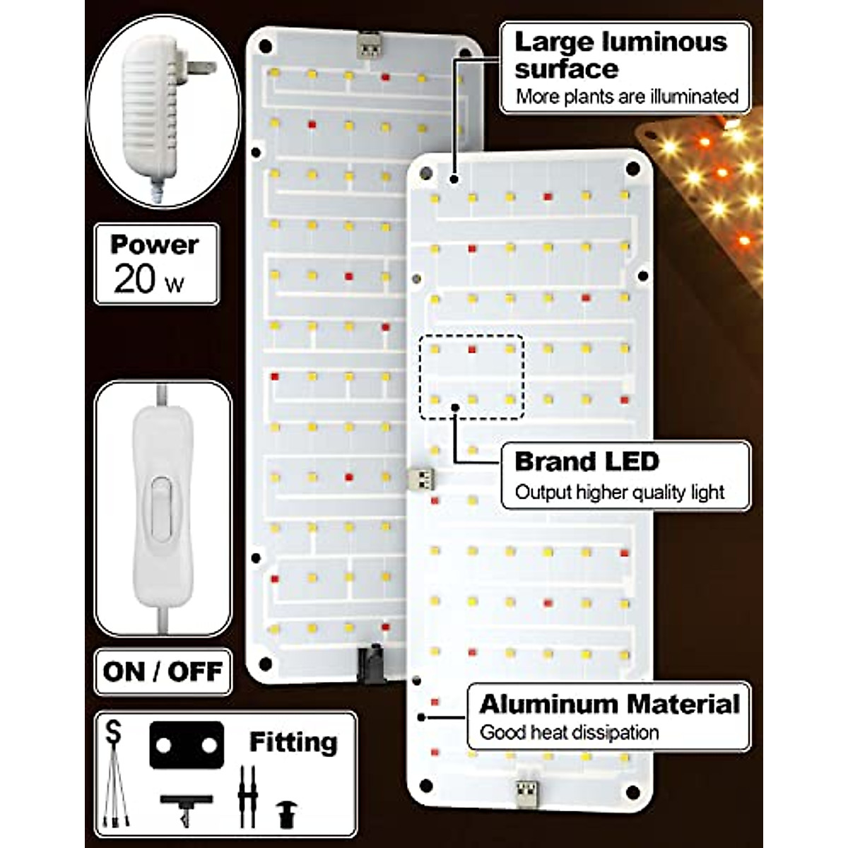 DOMMIA Grow Light, 2Pcs Ultra-Thin Plant Light for Indoor Plants, 20W Full Spectrum LED Plant Grow Light with ON/Off Switch, DIY Hanging Plant Growing Lamps for Seed Starting, Succulents, Veg, Herbs