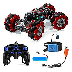 Deejoy Red RC Stunt Car, 2.4GHz 4WD Remote Control Gesture Sensor Toy, Double Sided Rotating Off Road Vehicle 360° Flips with Lights Music, Cars for Boys & Girls Birthday