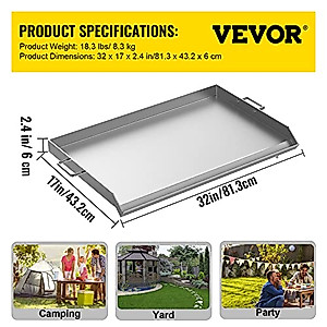 VEVOR Stainless Steel Griddle,32" X 17" Universal Flat Top Rectangular Plate, BBQ Charcoal/Gas Grill with 2 Handles and Grease Groove with Hole，Grills for Camping, Tailgating and Parties