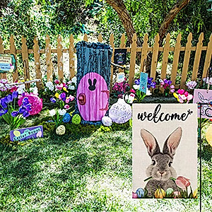 Decorative Welcome Rabbit Easter Garden Flag 12 X 18 Double Sided Spring Bunny Tulip Egg Easter Yard Flags Garden Yard Decorations for Outside