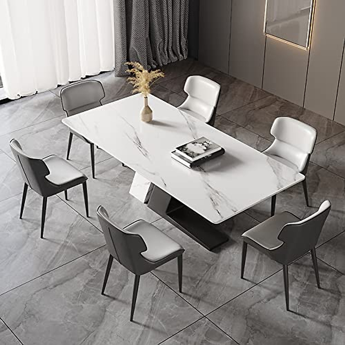 LITFAD Modern Sintered Stone Top Dining Table Rectangle Dinette Table Stainless Steel Base Restaurant Table - White 63" L x 31.5" W Table Only(Not Including Chairs)
