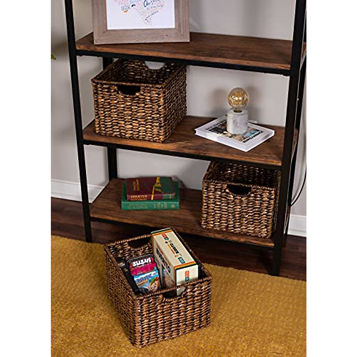 BIRDROCK HOME Storage Shelf Baskets with Handles - Set of 3 - Abaca Seagrass Wicker Basket - Pantry Bathroom Shelves Organization - Natural Under Shelf Basket - Handwoven (Brown Wash)