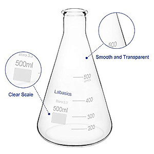 Labasics Glass Narrow Mouth Erlenmeyer Flask, Borosilicate Glass Heavy Wall Flask with Heavy Duty Rim, 500 ml