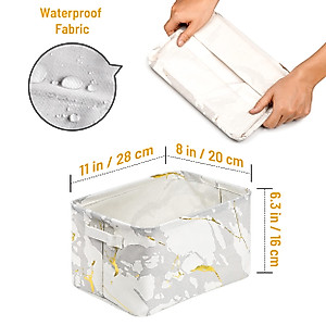 6 Pcs Storage Basket Foldable Cube Fabric Bins Square Mini Box Receive Organizer Rectangle Canvas with Handles for Nursery Home Office Kids Toys Books Small 11x8x6.3 inch Marble White