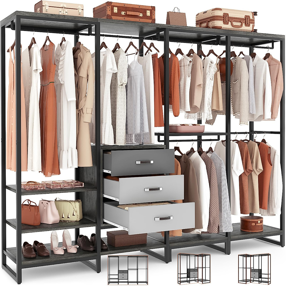 Aheaplus Wood Clothes Rack Wardrobe Closet for Hanging Clothes Heavy Duty Garment Rack, Large Corner L Shaped Closet System Organizer Walk-in Closet for Bedroom with 3 Wood Drawers,-S1, White and Grey