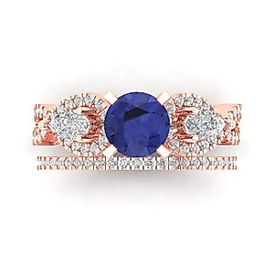 Clara Pucci 1.95 carat Round Shape 3 stone Simulated Tanzanite Wedding Anniversary Bridal Engagement Ring Band set 14k Rose Gold 6.25