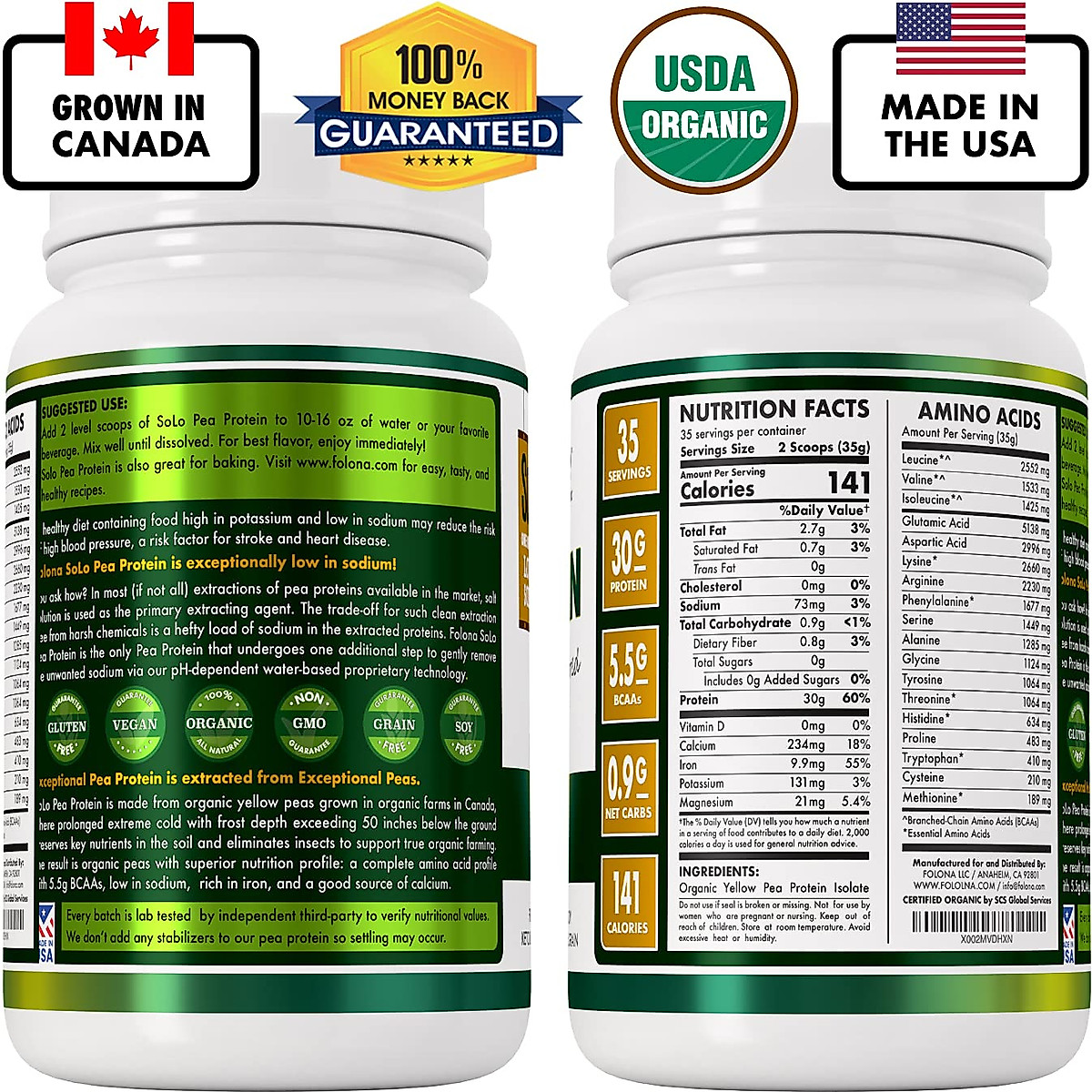 SOLO Organic Pea Protein Isolate, Low in Sodium, Canada Grown Peas, 100% Vegan, Non-GMO, Unflavored Plant Based Protein Powder with BCAA, Keto & Paleo Friendly, Easy to Digest, No Additives (2.7 lbs)