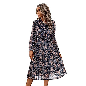 HAOKEKE Women Print Dress Long Sleeves Chiffon Dress Retro Pleated Buttons Down Bow Tie Fairy Lady Dress Navy Blue Flower Print US 12-14