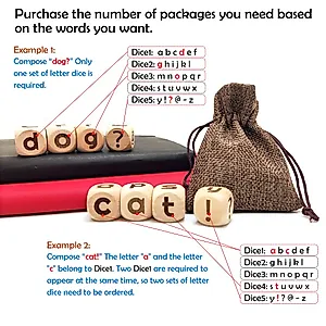 Hometu 5Pcs/Set 20MM Wooden Letter Dice Set, 6-Sided English Letter Pattern Engraved Wood Rolling Dices with Linen Bag, Yellow