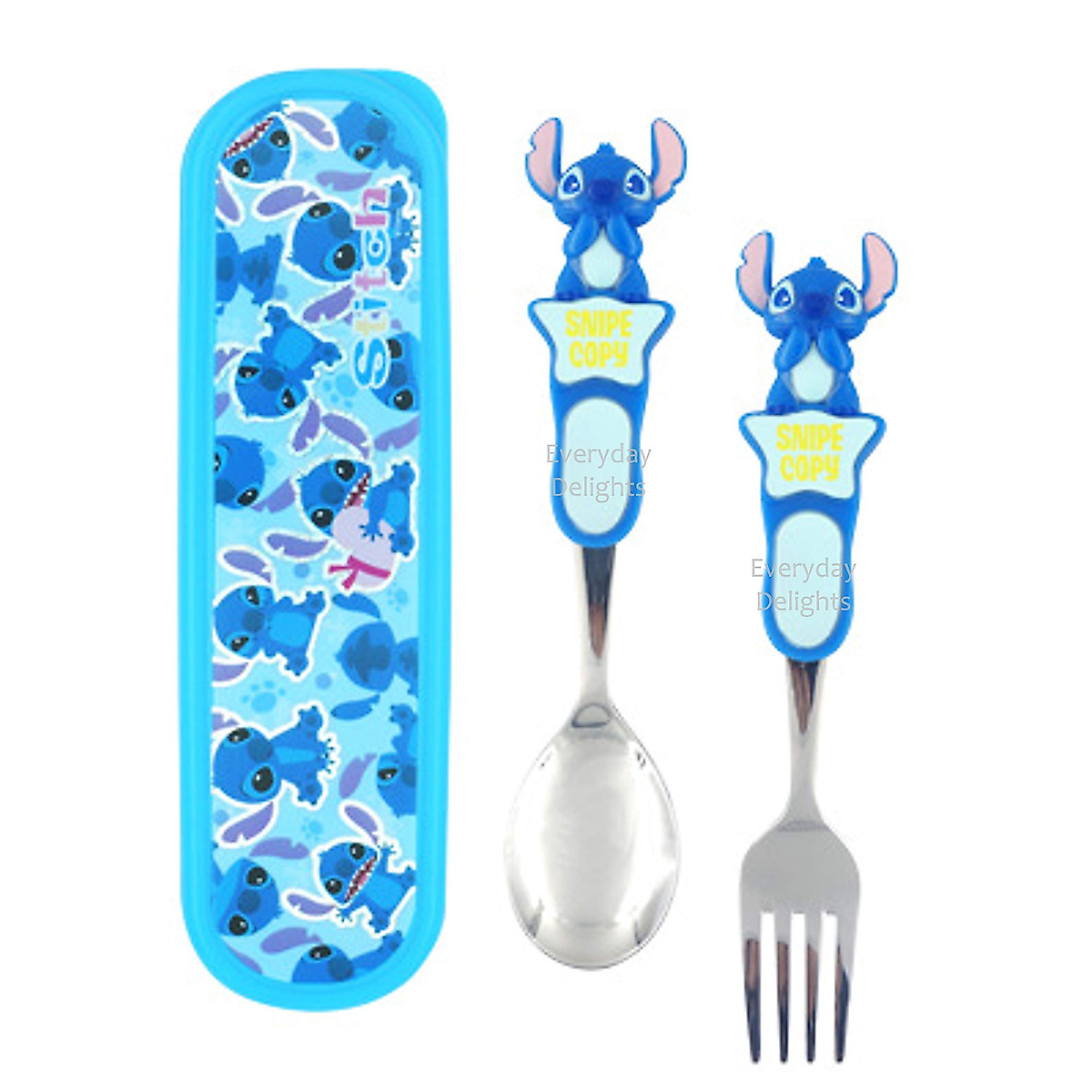 Disney Stitch Flatware Tableware Cutlery Utensil Set for Boys Girls Kids Children – Stainless Steel Fork Spoon Portable Case, 3 pieces
