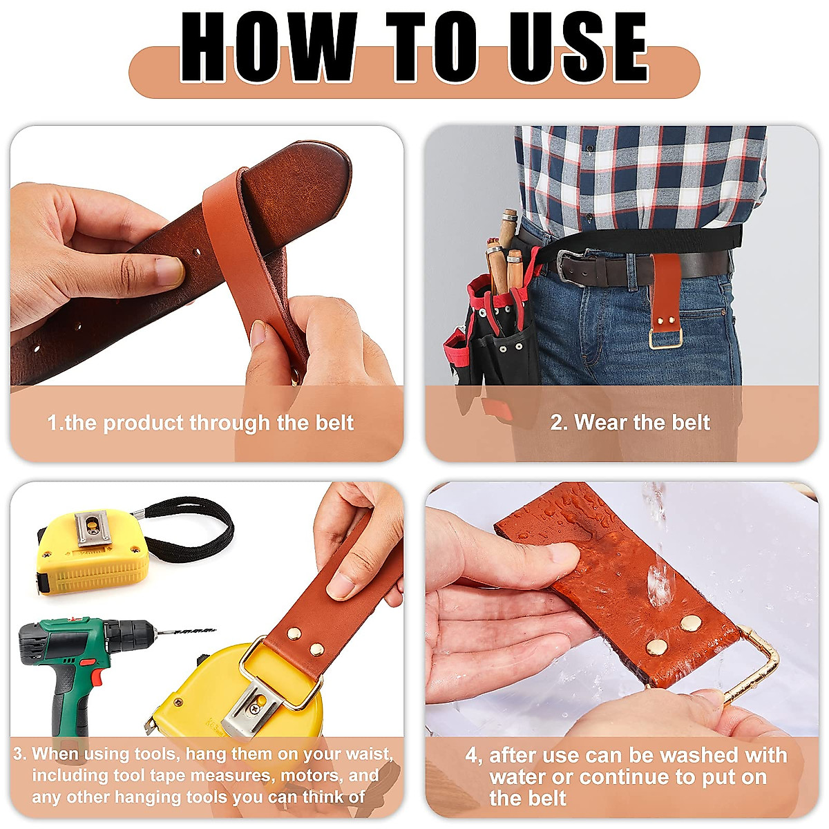 Jetec 4 Pieces Leather Belt Clip Tape Measure Clip Measuring Tape Clip Tool Belt Tape Measure Holder Drill Impact Tool Holster Tool Belt with Loops for Tape Measure, Drills, Clipped Tools
