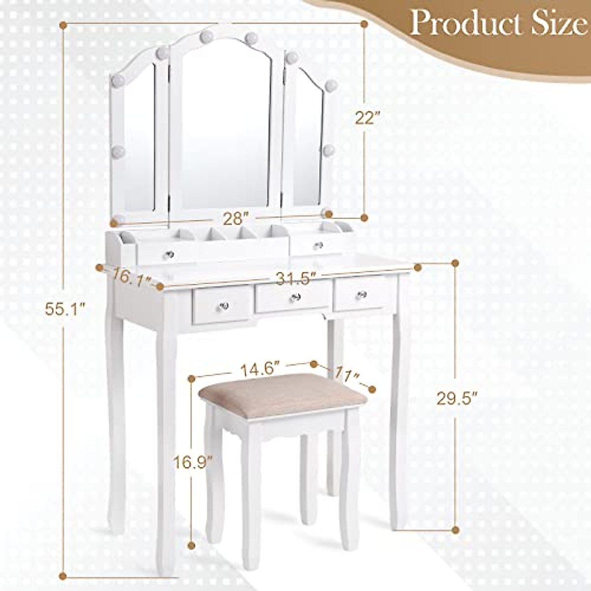 Vanity Desk with Mirror and Lights Makeup Vanity with Lights and Tri-Folding Mirror,Vanity Table with Lights,Makeup Vanity with Drawers,Vanity Mirror with Lights Desk and Chair Makeup Desk for Girl
