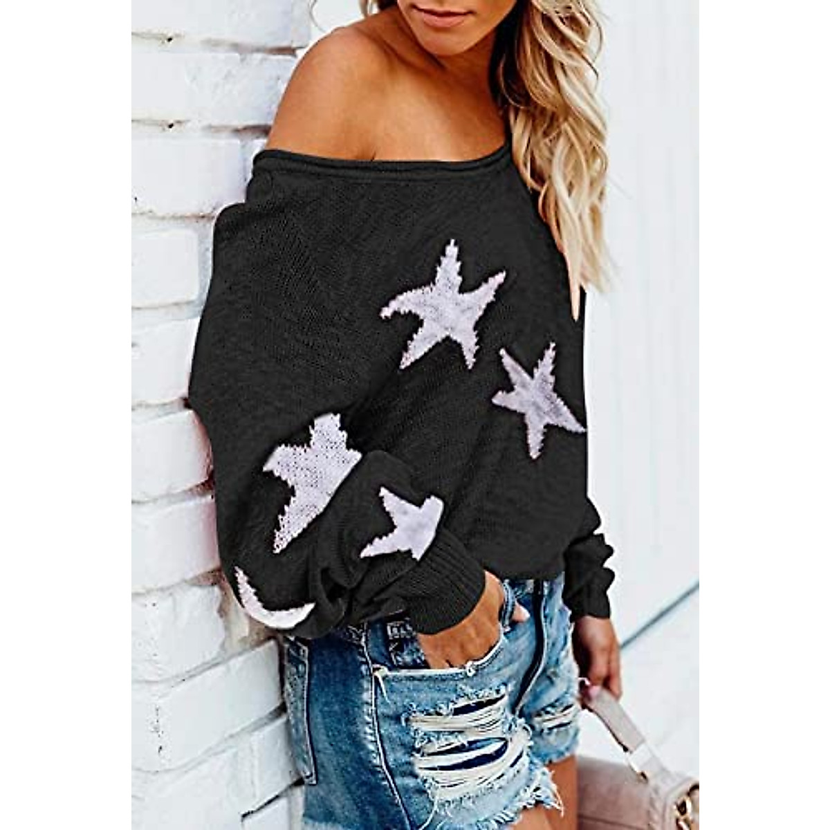 COCOLEGGINGS Women's V Neck Long Sleeve Star Sweater Jumper Pullover Black M