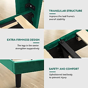 YITAHOME Queen Size Bed Frame, Green Upholstered Bed Frame with USB Ports, Vertical Channel Velvet Headboard Platform Bed Frame, No Box Spring Needed, Easy Assembly