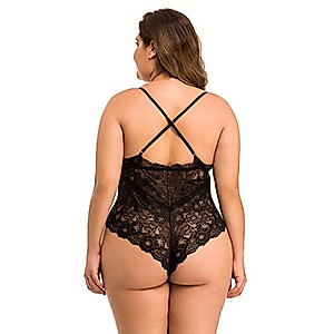 Qopobobo Sexy Lengerie for Women Naughty Women One Piece Deep V Lingerie Plus Size Lace Hollow Bodysuit Halter Sleepwear Black