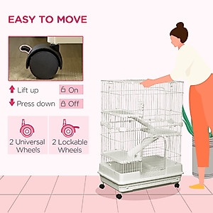 PawHut 4-Level Small Animal Cage Rabbit Hutch with Wheels, Removable Tray, Platform and Ramp for Bunny, Chinchillas, Ferret, White