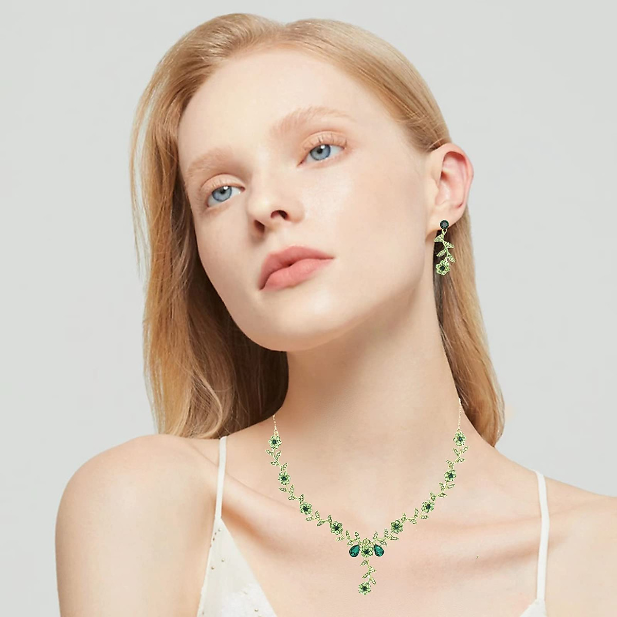 Enrwin Flower Leaf Crystal Pendant Necklace Dangle Earrings Link Bracelet Bride Bridesmaid Jewelry Sets for Women Wedding Party (Emerald-Gold Plated)