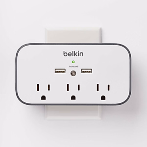Belkin Wall Surge Protector - 3 Outlet w/ 2 USB Ports Mount with Premium Protection Against Surges Safe Charge for Mobile Devices, Tablets & More (540 Joules)