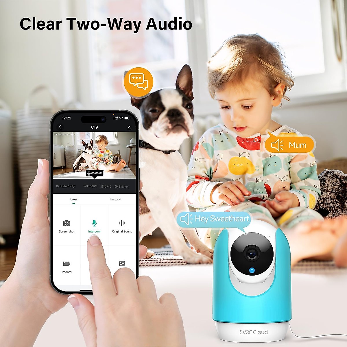 SV3C Indoor Security Camera 2K Pan/Tilt Wireless WiFi Pet Camera Temp & Humidity Cry Noise and Motion Detection, Two Way Audio 2.4G Baby Monitor IR Night Vision Compatible with Alexa