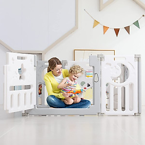 Dripex Baby Playpen, Foldable Playpen for Babies and Toddlers, Adjustable Shape Baby Fence, Safety Play Yard with Gate, Portable Play Area for Indoor or Outdoor (Grey+White,18 Panel)