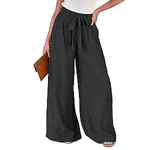 MUSIDORA Black Wide Leg Pants for Women Palazzo Linen Slacks Women High Waisted Beach Casual Travel Flowy Boho Stretchy Petite (Black M)