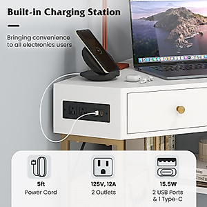 Tangkula White Corner Desk with 2 Drawers & Built-in Charging Station, 90 Degrees Triangle Corner Computer Desk for Small Space, Bedroom Makeup Vanity Desk with Storage Shelves, Corner Writing Desk