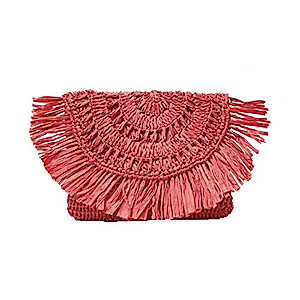 Mar Y Sol Mia Crochet Raffia Fringe Clutch, Coral