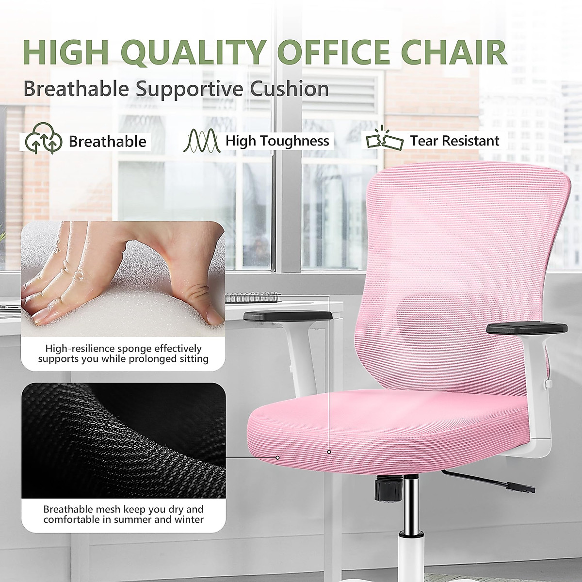 Winrise Office Chair Ergonomic Desk Chairs with Lumbar Support and Flip-up Arms, Comfortable Breathable Mesh Computer Executive Chair with Swivel Task, Adjustable Height 4'', Home, Bedroom -Pink