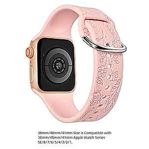 OULRAEFS Apple Watch Band with Charms (iWatch Bands Included) Compatible with Apple Watch Bands 38mm 40mm 41mm Series 8 7 SE 6 5 4 3 2 1 Floral Engraved Silicone Bands with Decorative Ring Loops Accessories, Pink