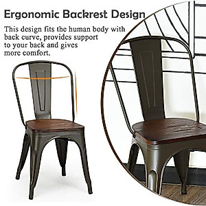 COSTWAY 18 Inch Dining Chair Set of 4, Industrial Vintage Stackable Metal Chairs, Counter Bar Chairs with High Backrest, Wood Seat, for Home, Kitchen and Cafe Bar Use