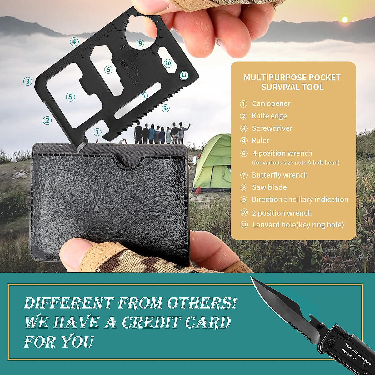 Gifts for Dad Men-Christmas Stocking Stuffers for Dad-Engraved Pocket Knife, 7 in 1 Multitool Folding Knives with LED Light, Unique Camping Hunting Presents for Dad