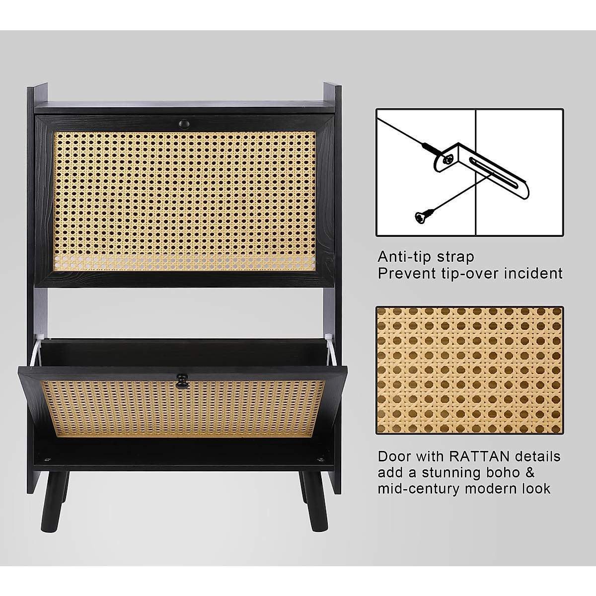 ZYBT Black Shoe Storage Organizer for Entryway, Rattan Shoe Storage Cabinet, 2 Flip Drawers Shoe Organizer Slim Wooden Shoe Rack for Door, Free Standing Shoe Racks for Entryway