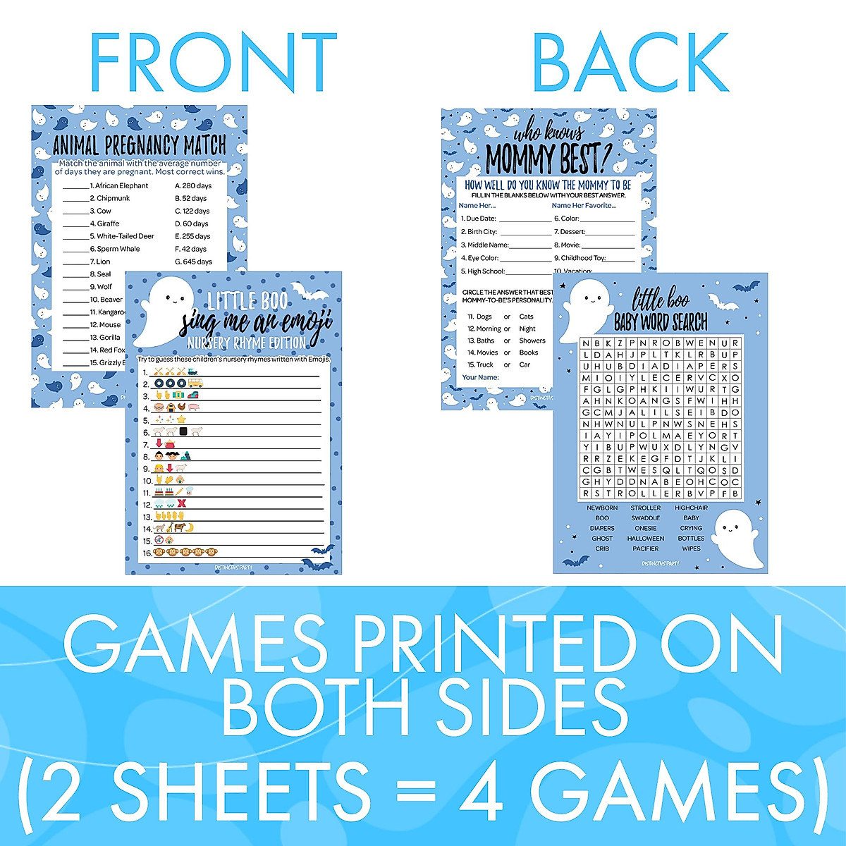 Blue A Little Boo is Almost Due Boy Baby Shower Game Pack, Emoji - Word Search - Who Know Mom Best - Pregnancy Match - 20 Guests, Halloween Baby Shower (4 Game Value Pack 2)