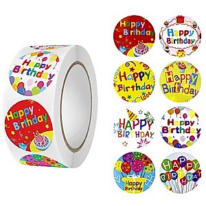 Andiker 500 Pieces Watercolor Happy Birthday Stickers, 1 Roll Cute Round Adhesive Birthday Sealing Sticker Labels for Kids Party Decoration (Type 2)