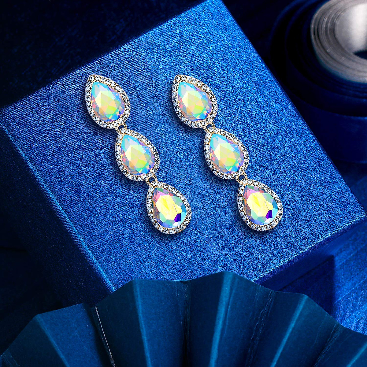 EleQueen Women's Gold-tone Austrian Crystal Teardrop Pear Shape 2.4 Inch Long Clip-on Dangle Earrings Iridescent AB