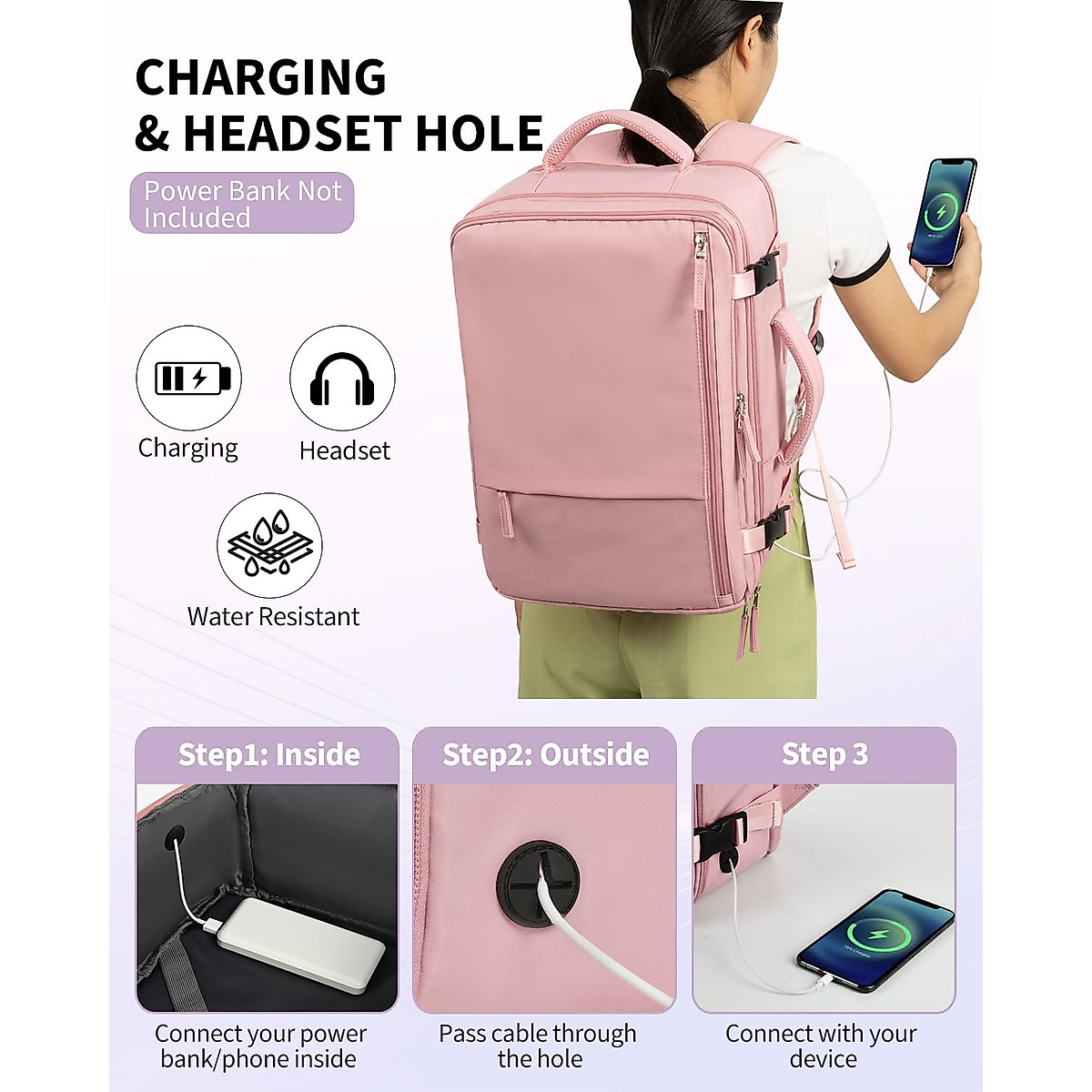 FALARK INC Travel Backpack For Women, 35L Carry On Backpack Flight Approved, Waterproof Personal Item Travel Bag Suitcase Backpack With USB Hole For Weekender, Traveling, Pink