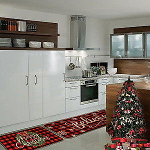 DXSHCG Christmas Kitchen Floor Mats Plaid Snowflakes Set of 2, Non-Slip Kitchen Mats, Holiday Party Home Kitchen Christmas Decorations - 17x29 and 17x47 Inches