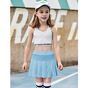 Arshiner Tennis Skirt Pleated Golf Skirts with Pockets Workout Sports Running Athletic Mini Skort (Light Blue, 8-9 Years)