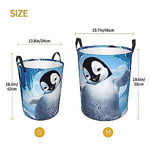 Cute Penguins Baby Taking Pictures Laundry Basket Protable Circular Laundry Hamper Storage Bin Organizer With Handles For Bathroom,Bedroom Clothes