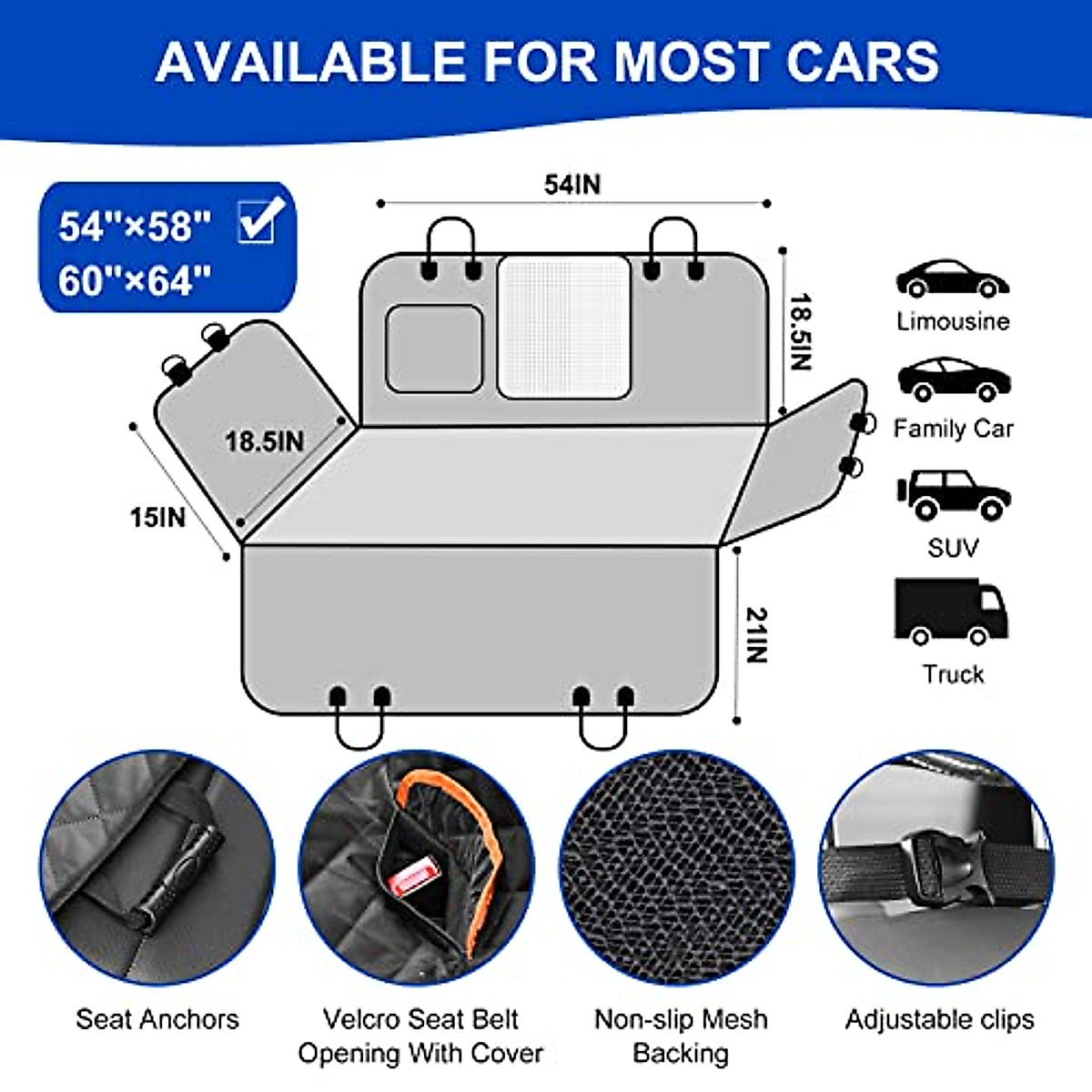 EasyHaWei Dog Car Seat Cover for Back Seat 600D Scratchproof Nonslip Durable Waterproof Cars Pet Backseat Covers with Mesh Window Dogs Hammock for Car，SUV, Truck (54" W x 58" L)